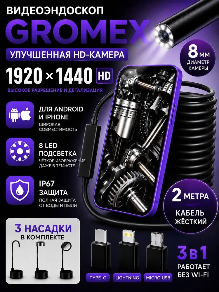Эндоскоп автомобильный для смартфона с подсветкой,1920HD, 8LED, эндоскоп для смартфона type С , эндоскоп для айфона , 2 метра , жёсткий провод, камера эндоскоп 8мм