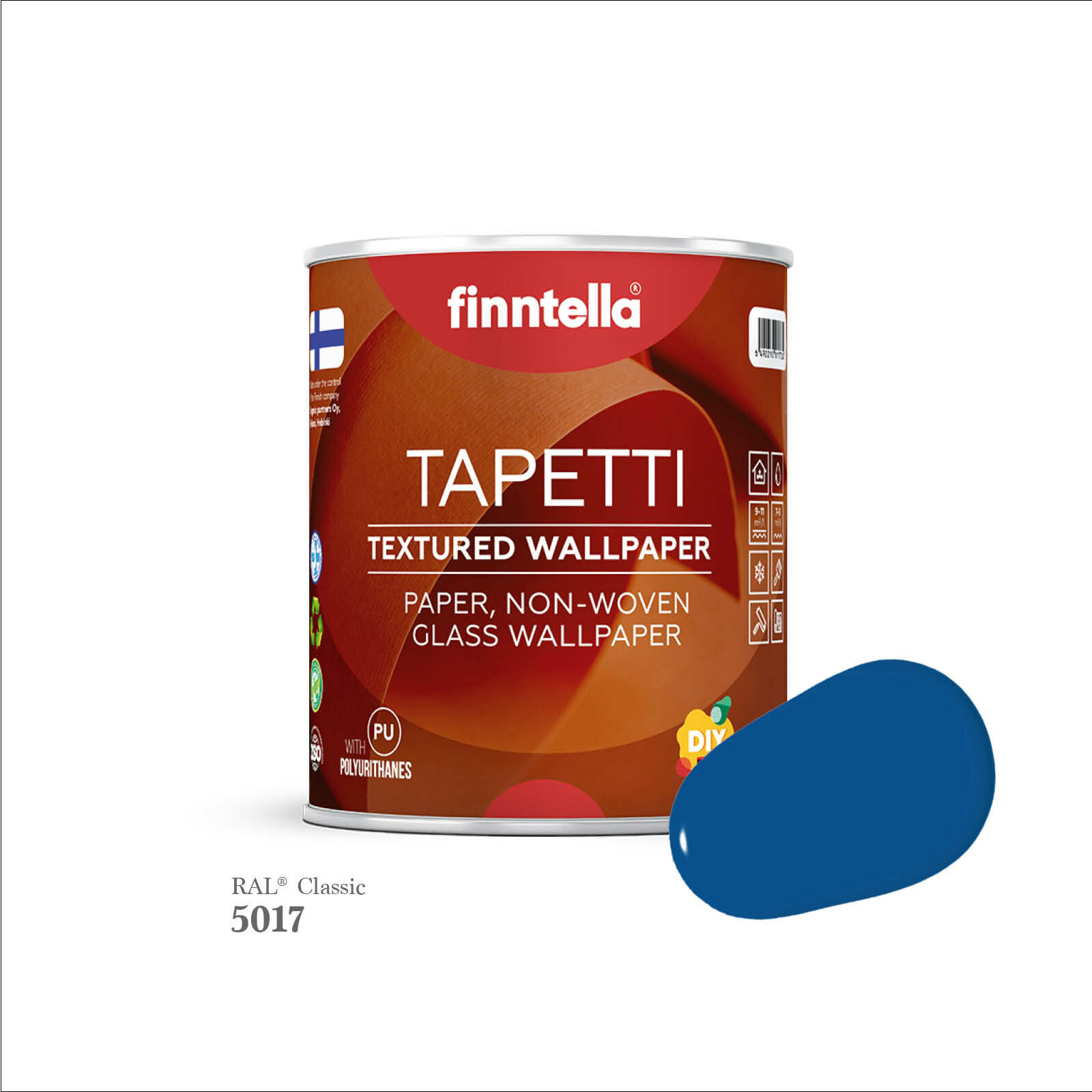 Шелковисто-матовая краска для обоев под окраску TAPETTI SILKKI Matta FINNTELLA, Цвет RAL 5017 Транспортный синий (Traffic blue), 0,9л
