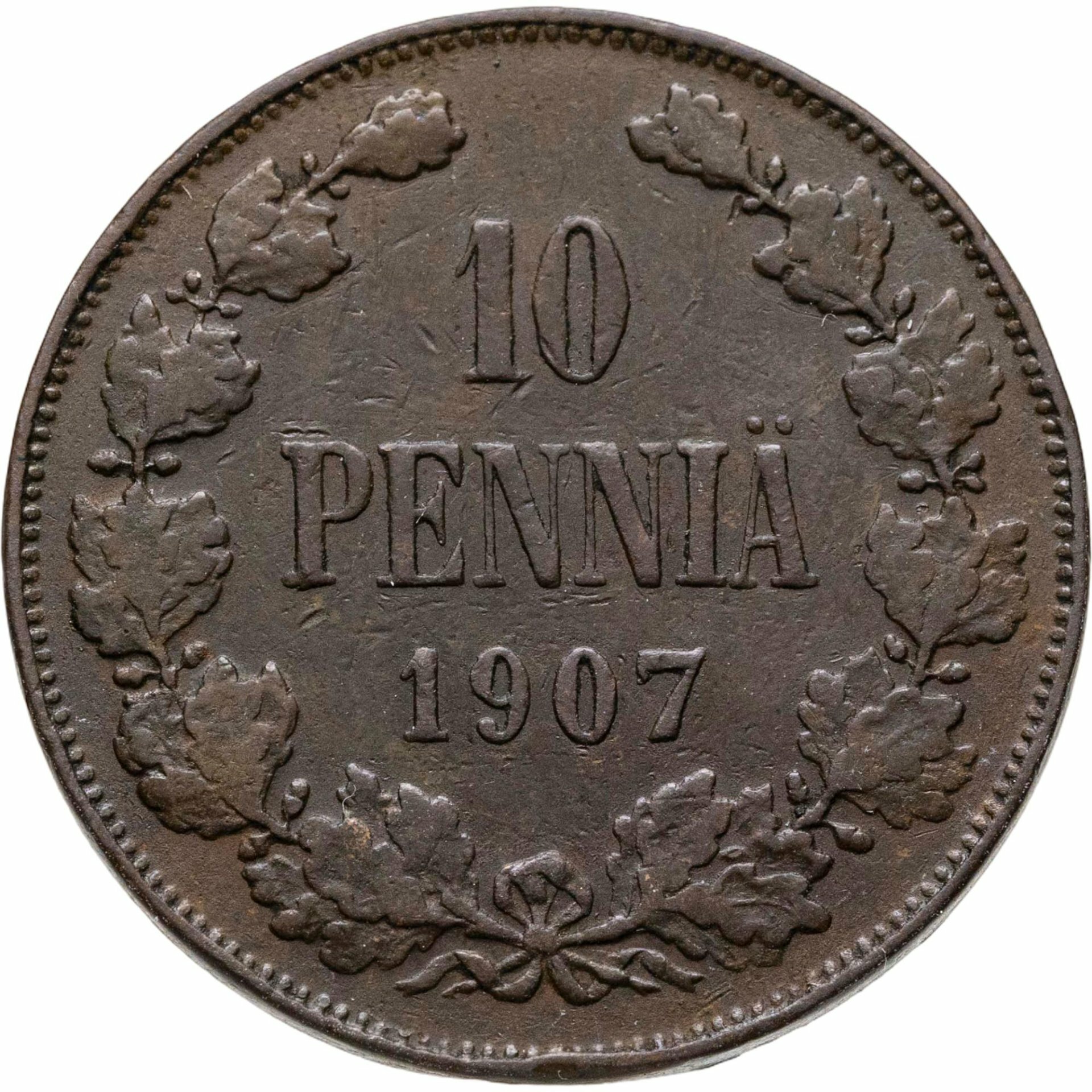 10 пенни 1907, монета для Финляндии, Медь, в сохранности VF