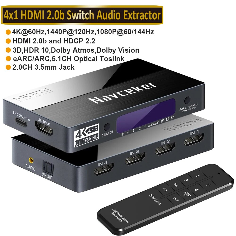 Navceker 4K HDMI-переключатель с аудиоэкстрактором ZY-HS14, AU Power Plug