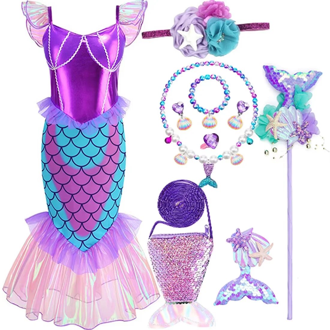Платье русалки Disney для девочек фиолетовое 4T(120CM), Mermaid Set 5