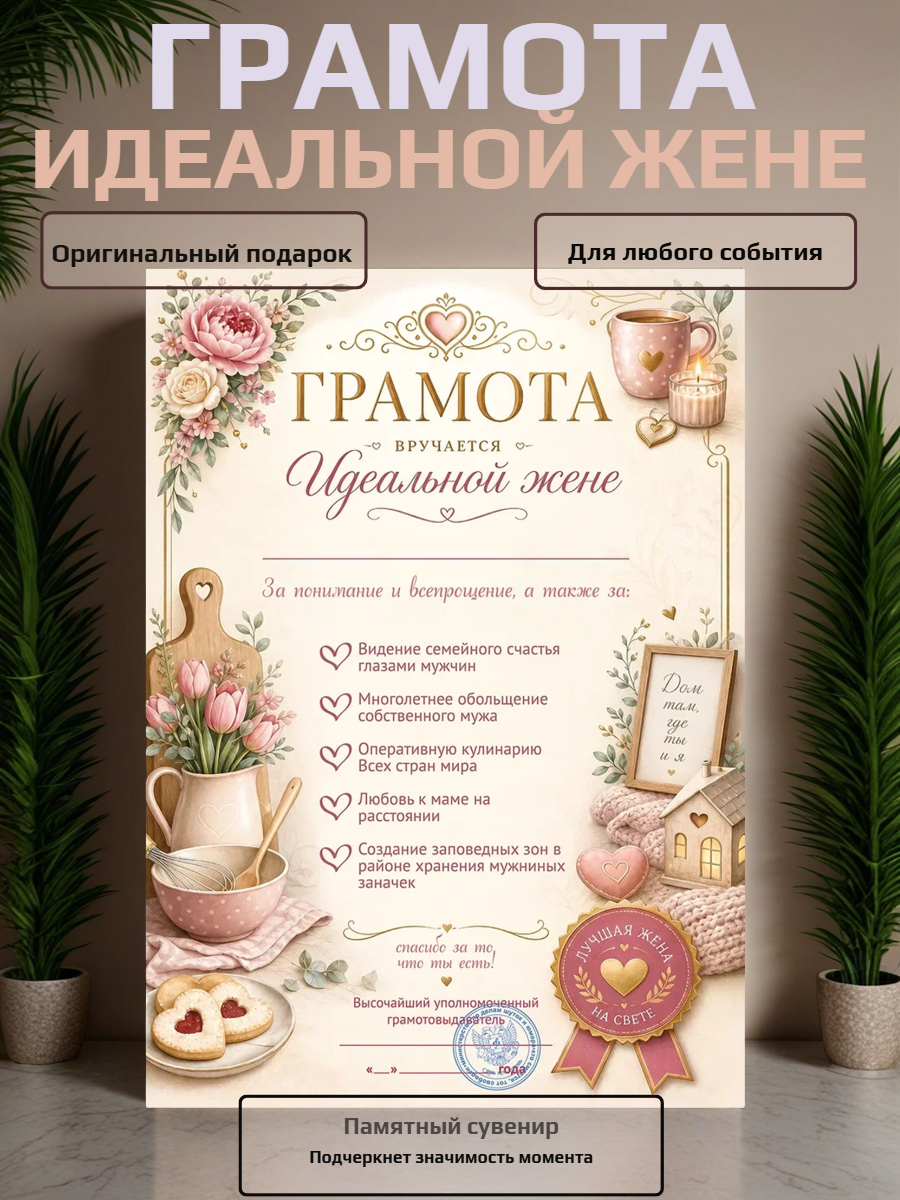 Грамота открытка поздравительная "Идеальная жена", А4, в подарок