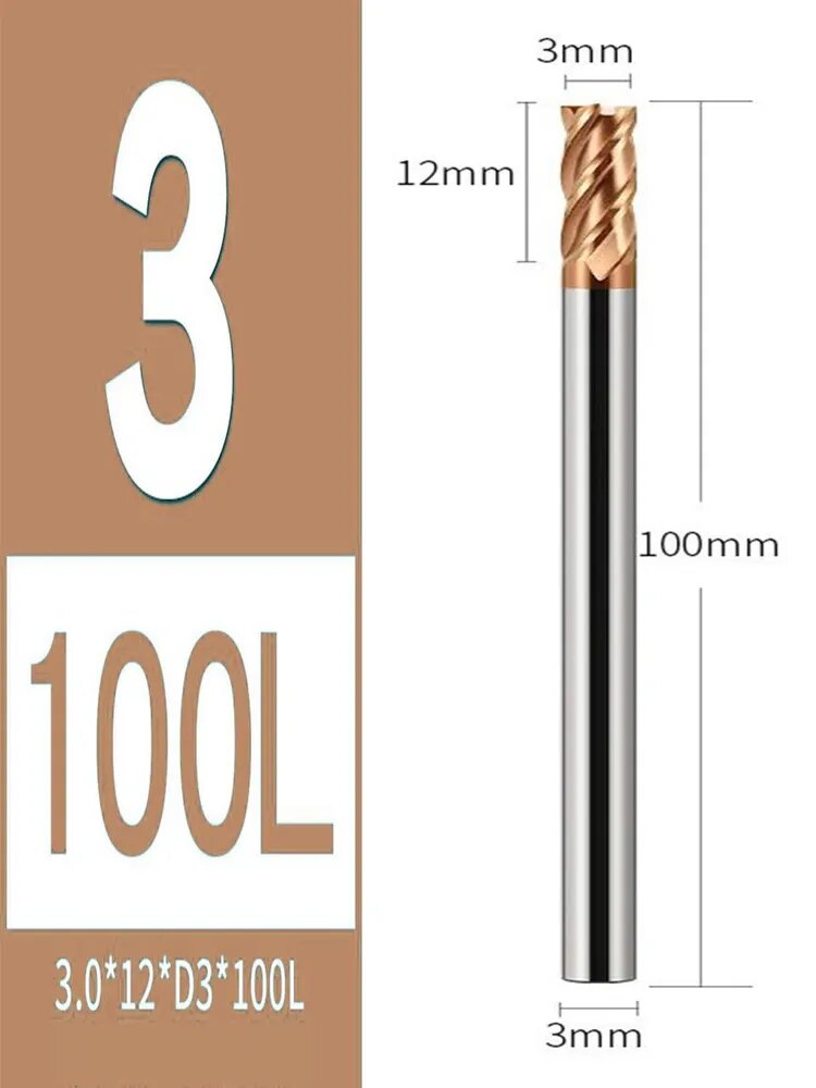 Твердосплавная фреза концевая D3*C12*P58*D3*Z4*L100 по стали 3мм монолитная, для ЧПУ