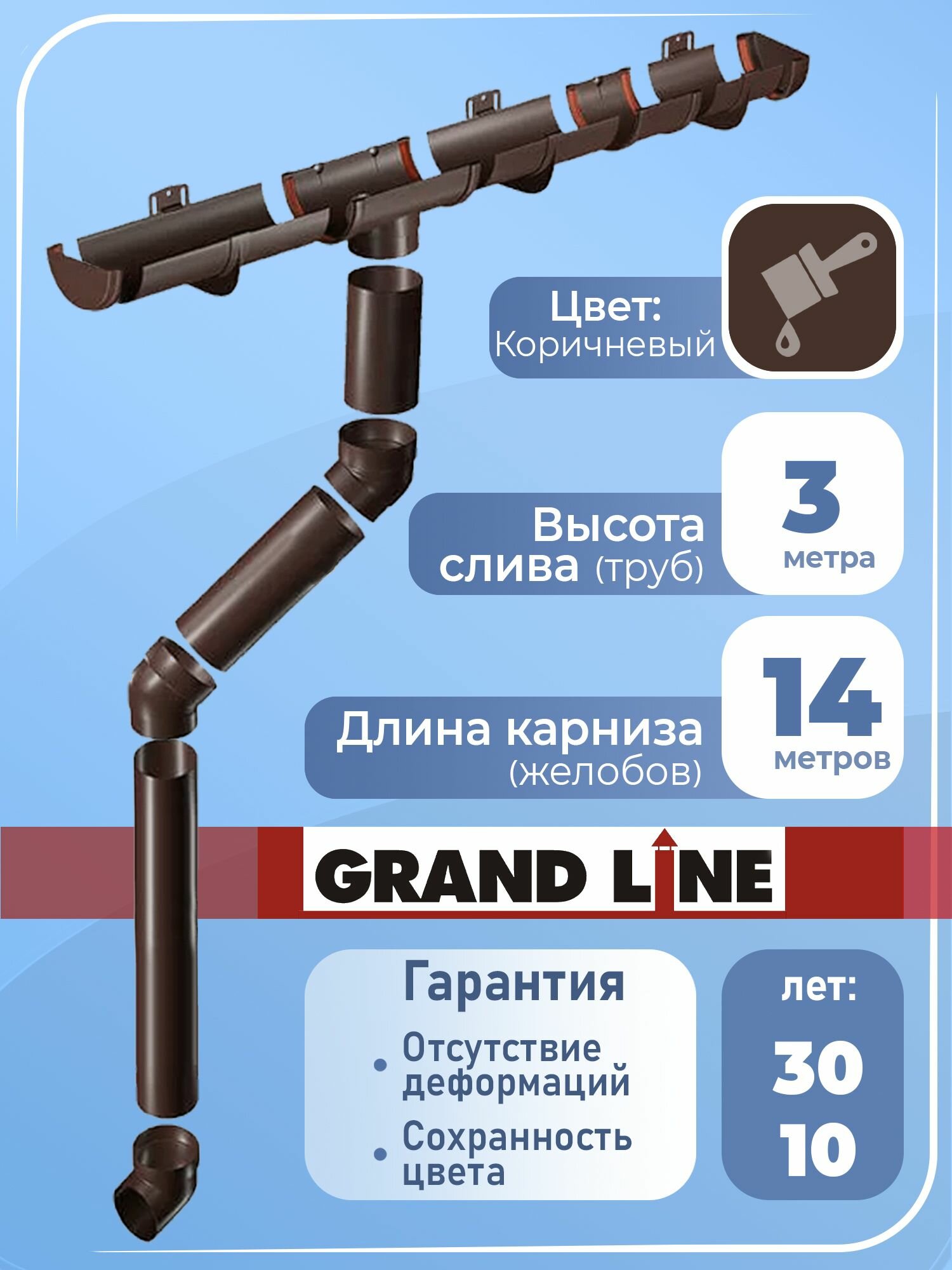 Водосточная система Grand Line 14 м ( 1,5 м+1 м ) коричневый 1 слив , водосток для крыши пластиковый Гранд Лайн ( 120 мм / 90 мм ) комплект элементов ПВХ