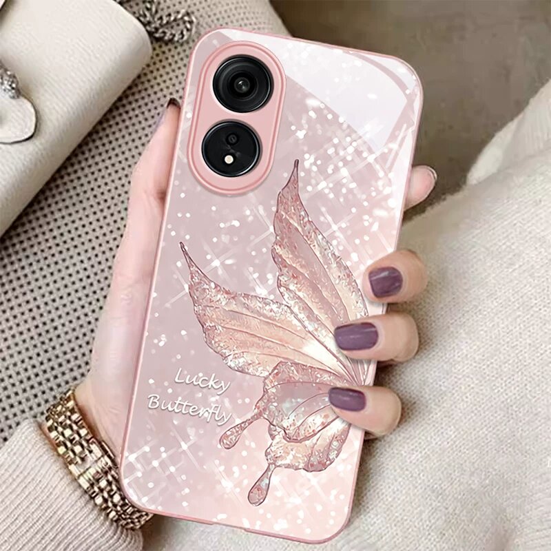 Чехол для OPPO A97 5G с дизайном бабочки из алмазов, стекло с металлическим покрытием, розовый с защитной пленкой