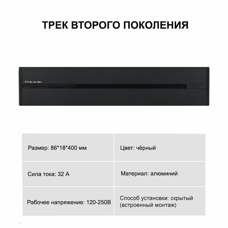 Трек без розеток! Черный встраиваемый 40 см, встраиваемая металлическая шина, шинопровод DP