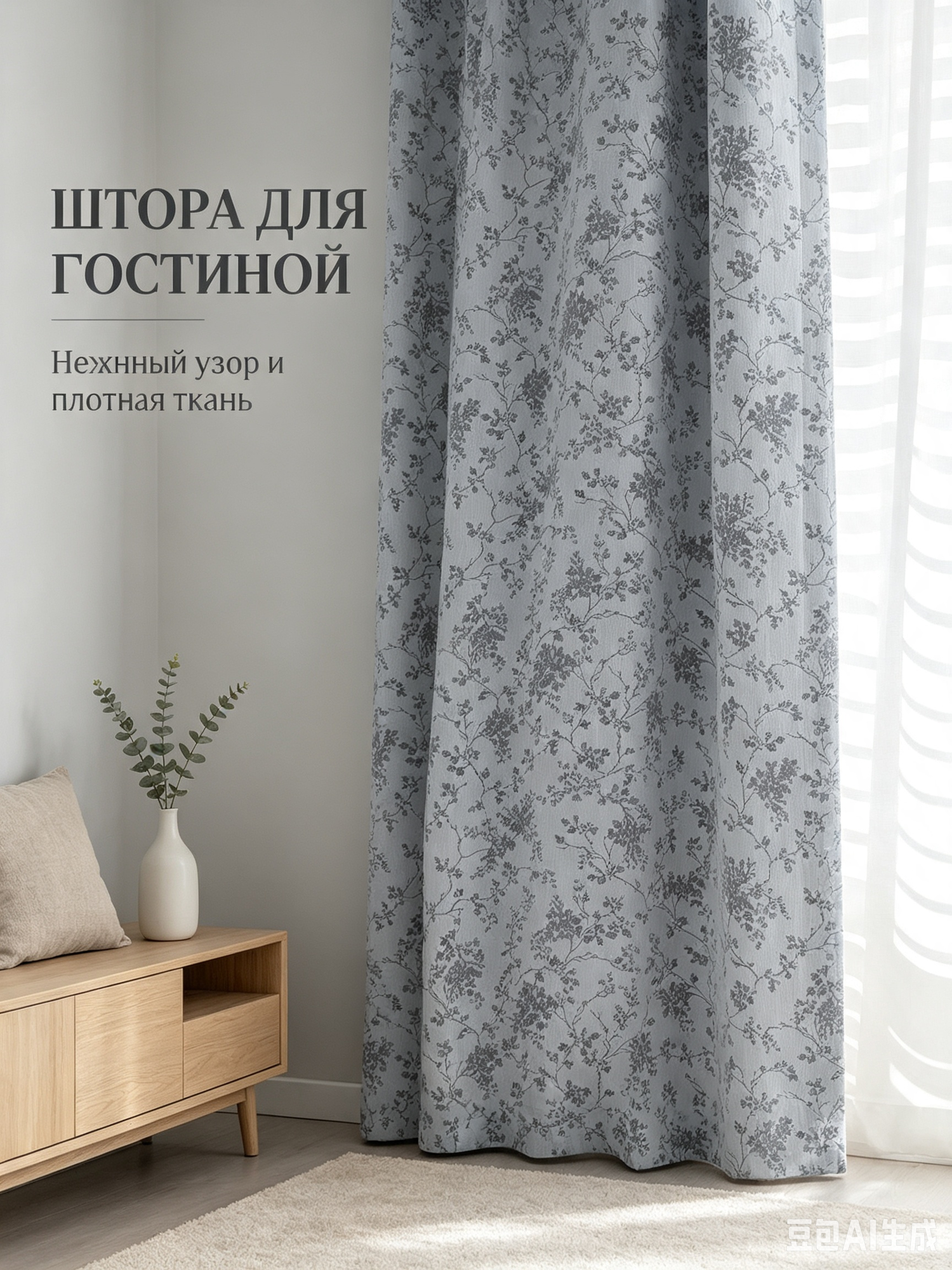 Штора из шенилла серо-синяя с цветочным узором 95% затенения 1 штука размер 3×2,7 м для спальни