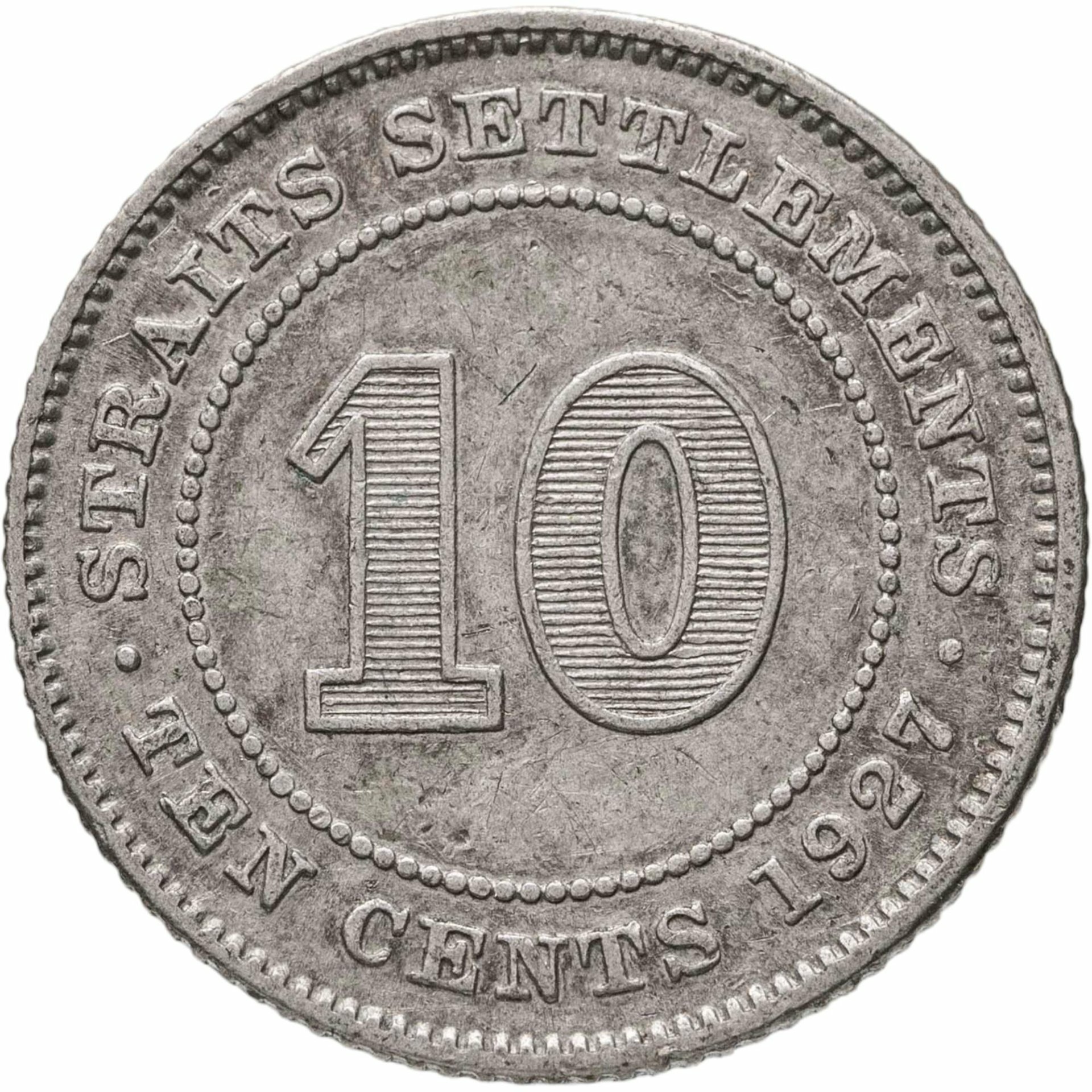 Стрейтс Сетлментс 10 центов cents 1927, Серебро 600, в сохранности VF