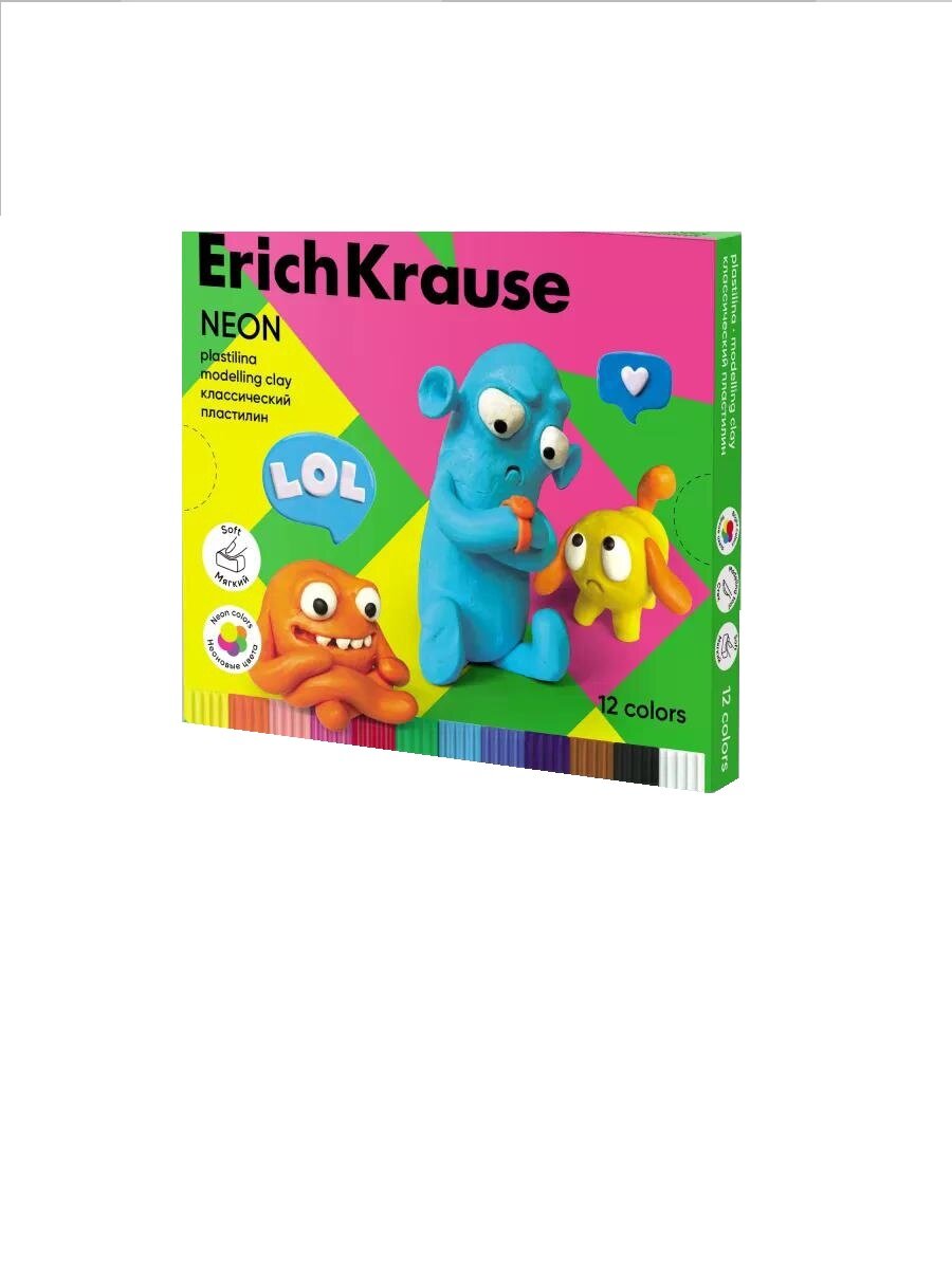 Пластилин 12 цветов, 216 г, ErichKrause "Jolly Friends Neon", со стеком, в картонной упаковке