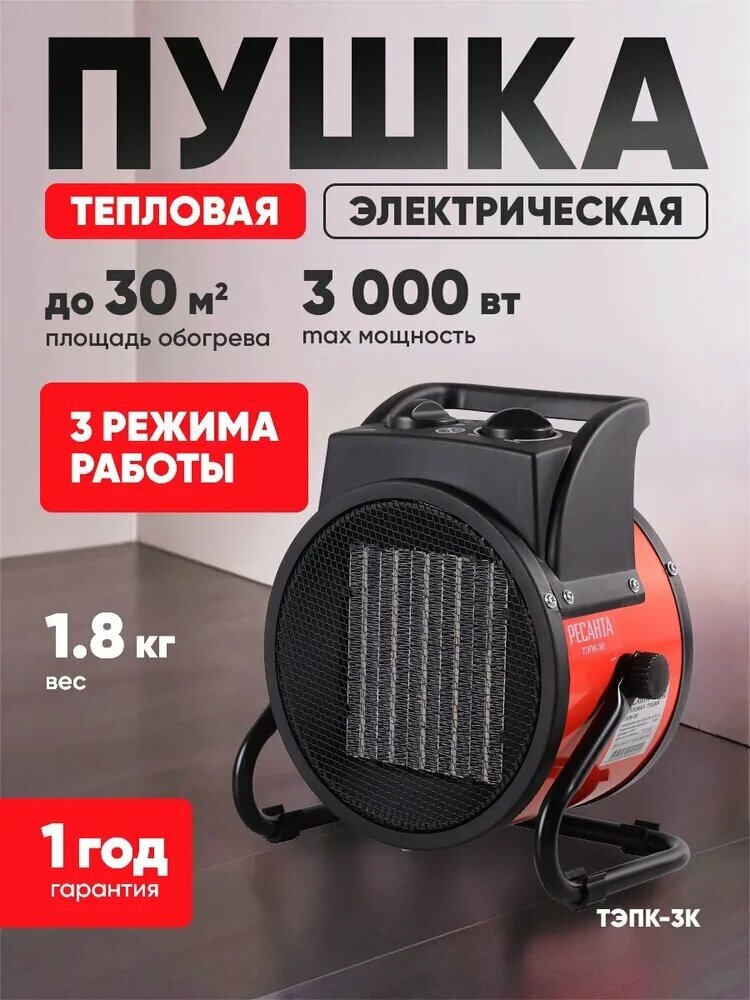Тепловая пушка электрическая Ресанта ТЭПК-2000K, керамика, 2000 Вт (обогреватель для дома)