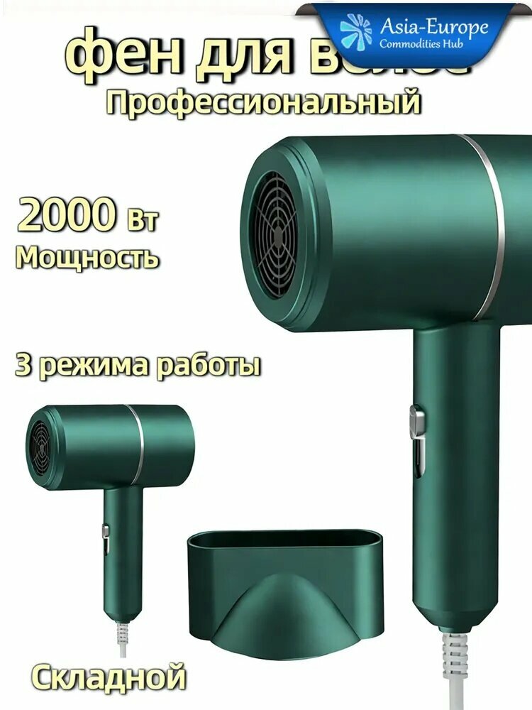Фен для волос 6983F528DF5845B2841FB89D271269A2-POYZ 2000 Вт, скоростей 3, кол-во насадок 1, зеленый