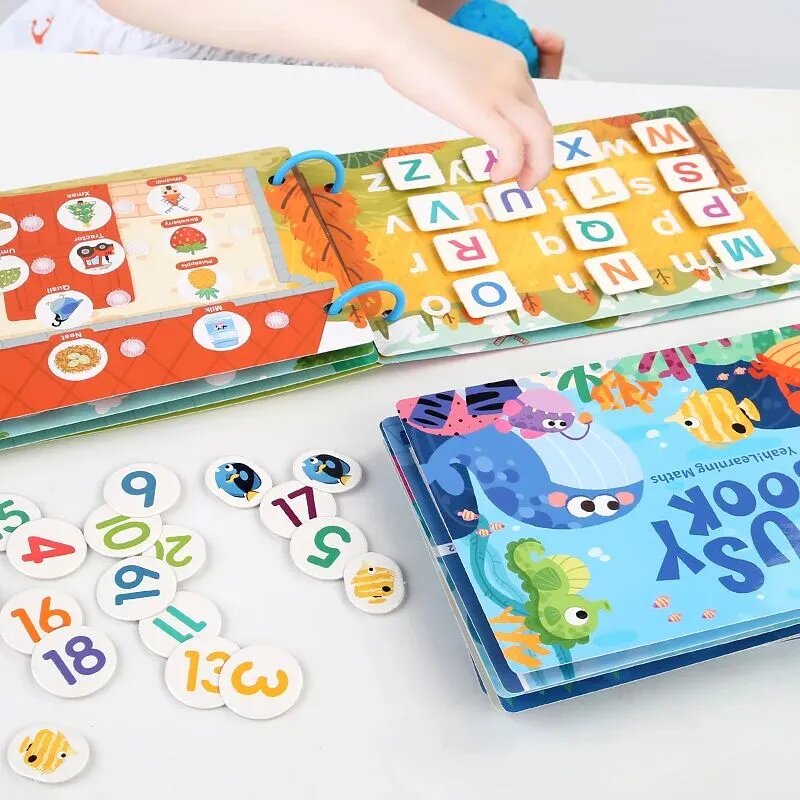 Развивающие книги "Busy Book" для детей, набор 2 шт, математика и алфавит, бирюзовый — фото 1