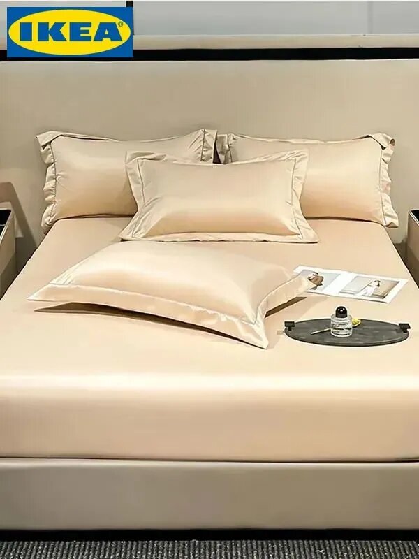 IKEA Простыня на резинке 140x200 см полиэстер, искусственный шелк, хаки без рисунка