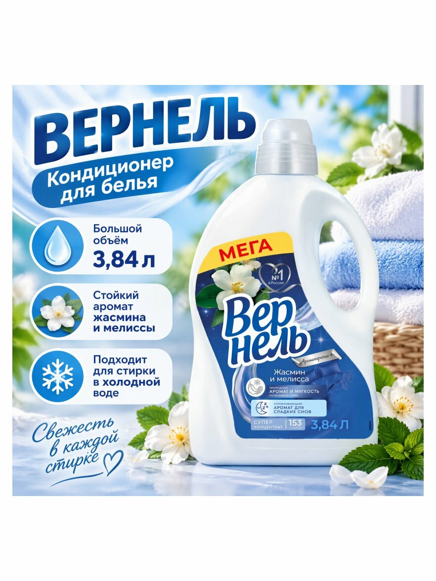 Кондиционер для белья Вернель Ароматерапия+ Жасмин и мелисса 3,84 л