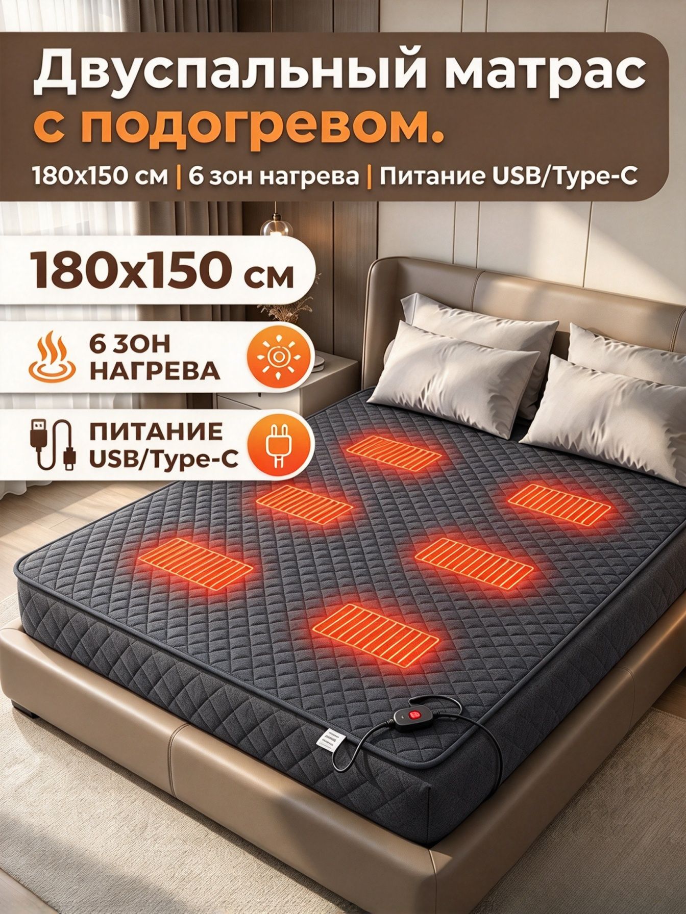 Двухслойное электрическое одеяло USB, 180x150 см, 6 зон нагрева, 3 температурных режима, тип C, мягкий матрас с подогревом для дома и кемпинга, графитово-серый