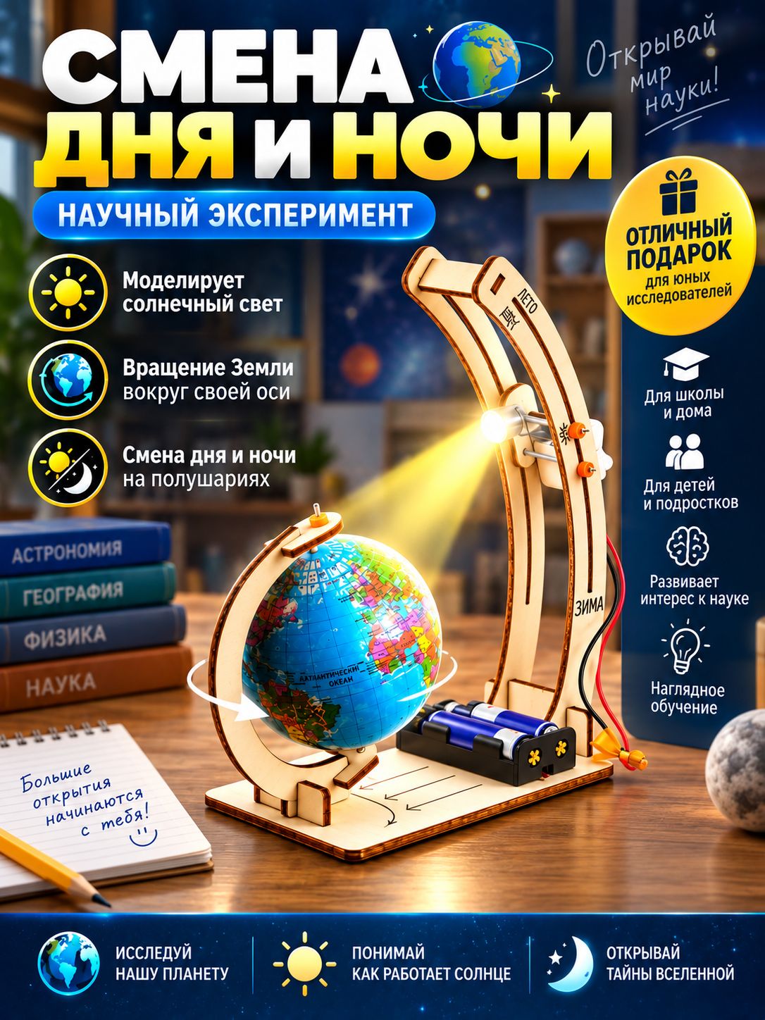 Деревянный конструктор для детей, развивающая игрушка, подарок/Научный конструктор Смена дня и ночи, DIY деревянная модель глобуса