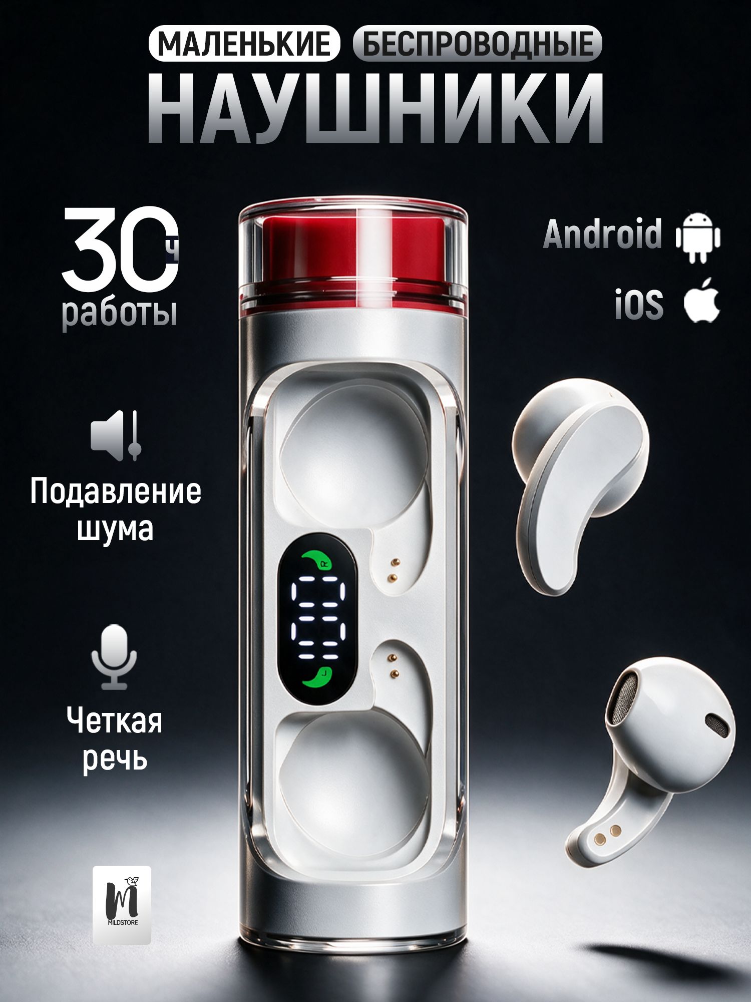 Наушники беспроводные маленькие / вкладыши / для телефона, андроид, айфон / шумоподавление, микрофон