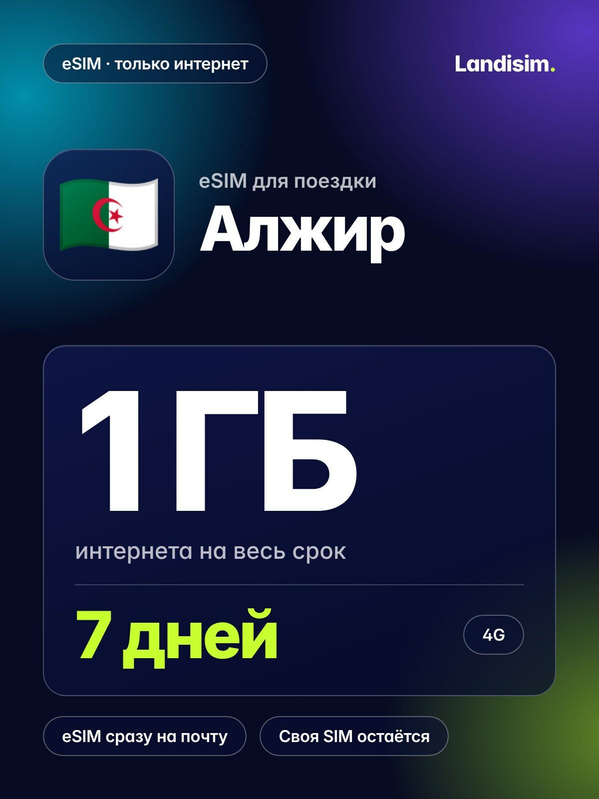 ESIM Алжир 1 ГБ на 7 дней, мобильный интернет Landisim