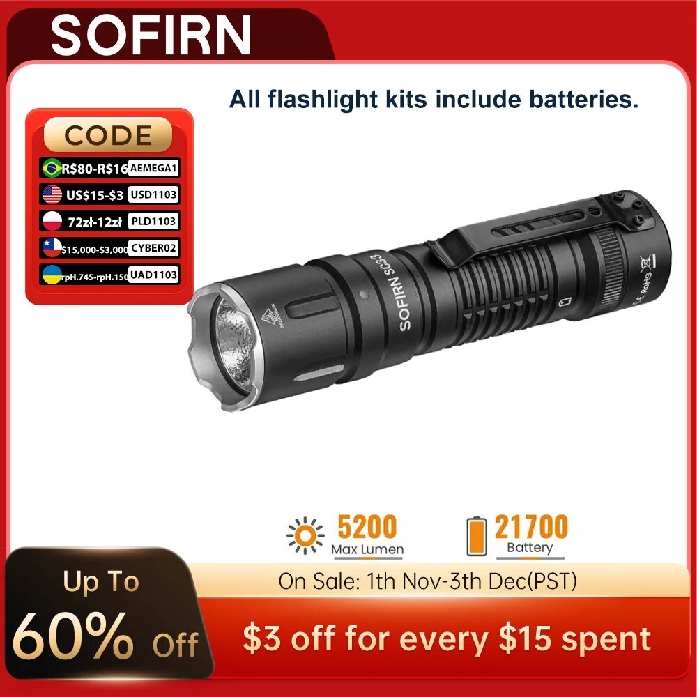 Sofirn SC33 тактический фонарь 5200 лм, 6000-6500K