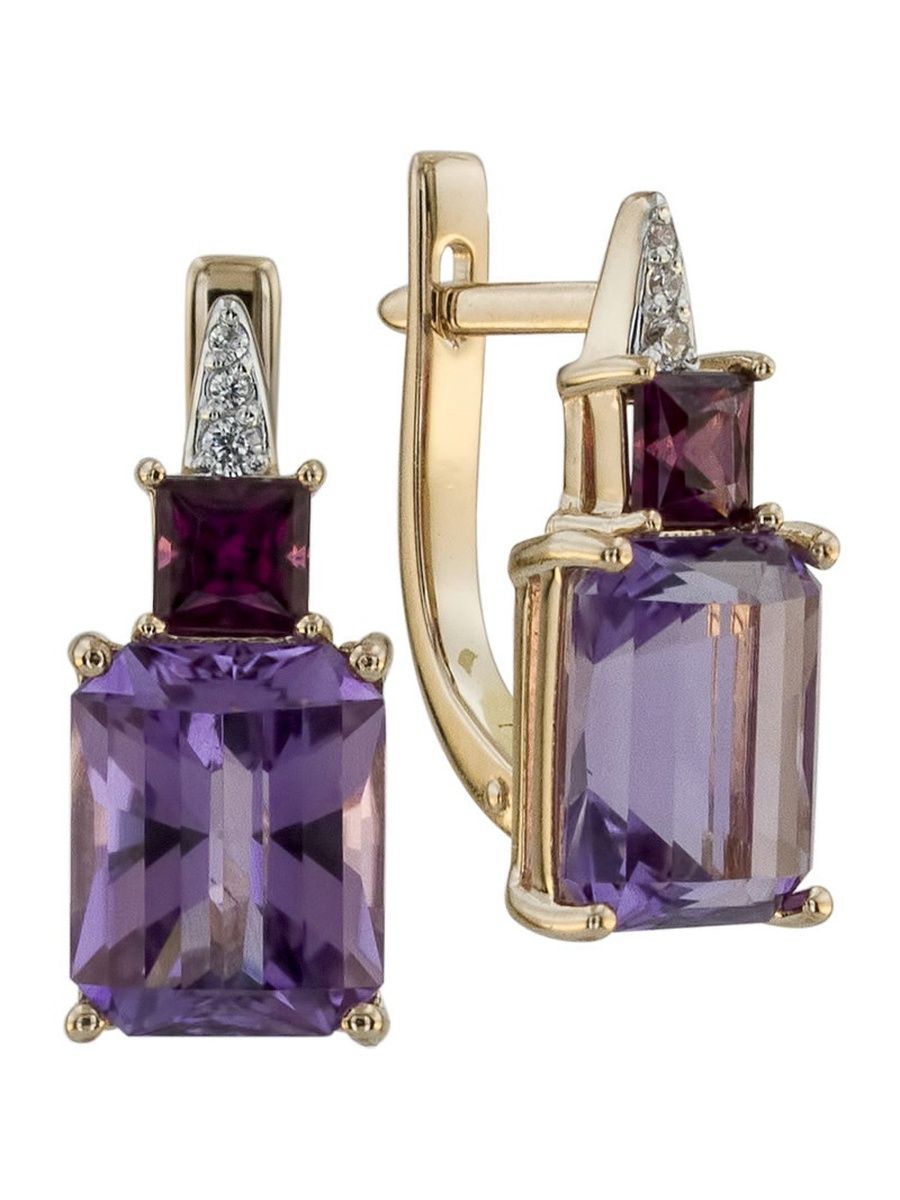 Серьги золото, 585 проба, аметист, фианит, родолит