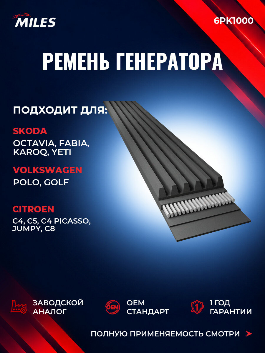 Ремень генератора MILES 6PK1000 Шкода Октавия III (5E3, NL3, NR3) Skoda Octavia III (5E3, NL3, NR3) 2012-2020
