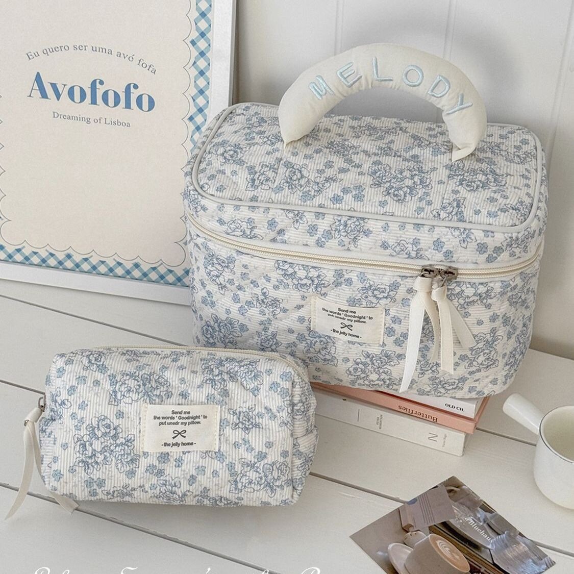 Синий вельветовый набор косметички и восьмигранной сумки с пионом, стильная 3D сумка, большая вместимость, путешествия