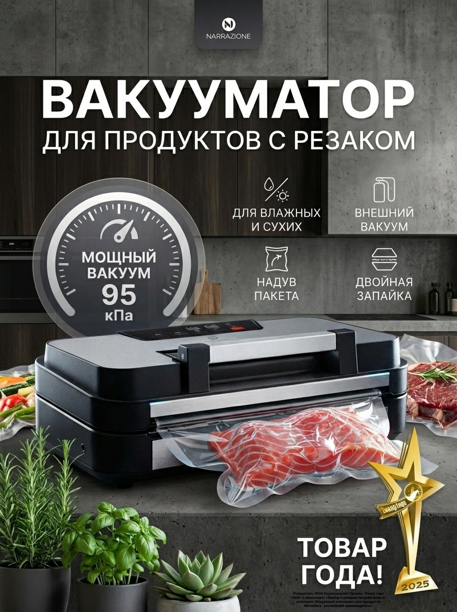 Вакууматор для продуктов VS8001G NARRAZIONE, вакуумный упаковщик- + 1 рулон с пакетами + пакеты
