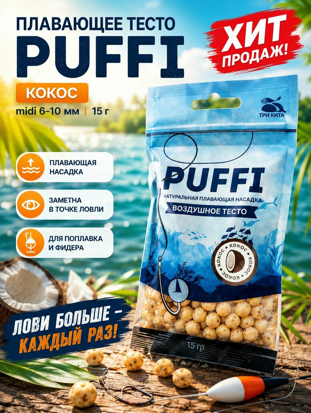 Воздушное тесто для рыбалки MIDI PUFFI Кокос, плавающая насадка 6-10 мм для фидера и поплавка