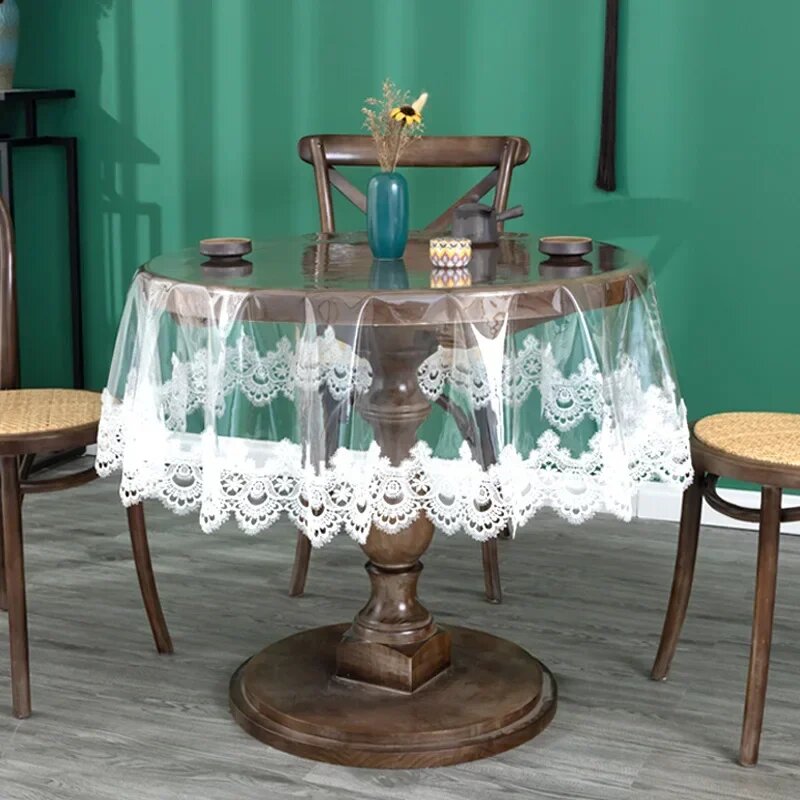 Waterproof Table Cover PVC Transparent Soft Dining Tablecloth Lace Embroidered Coffee Table Crystal Plate Oil-proof Tables Mat