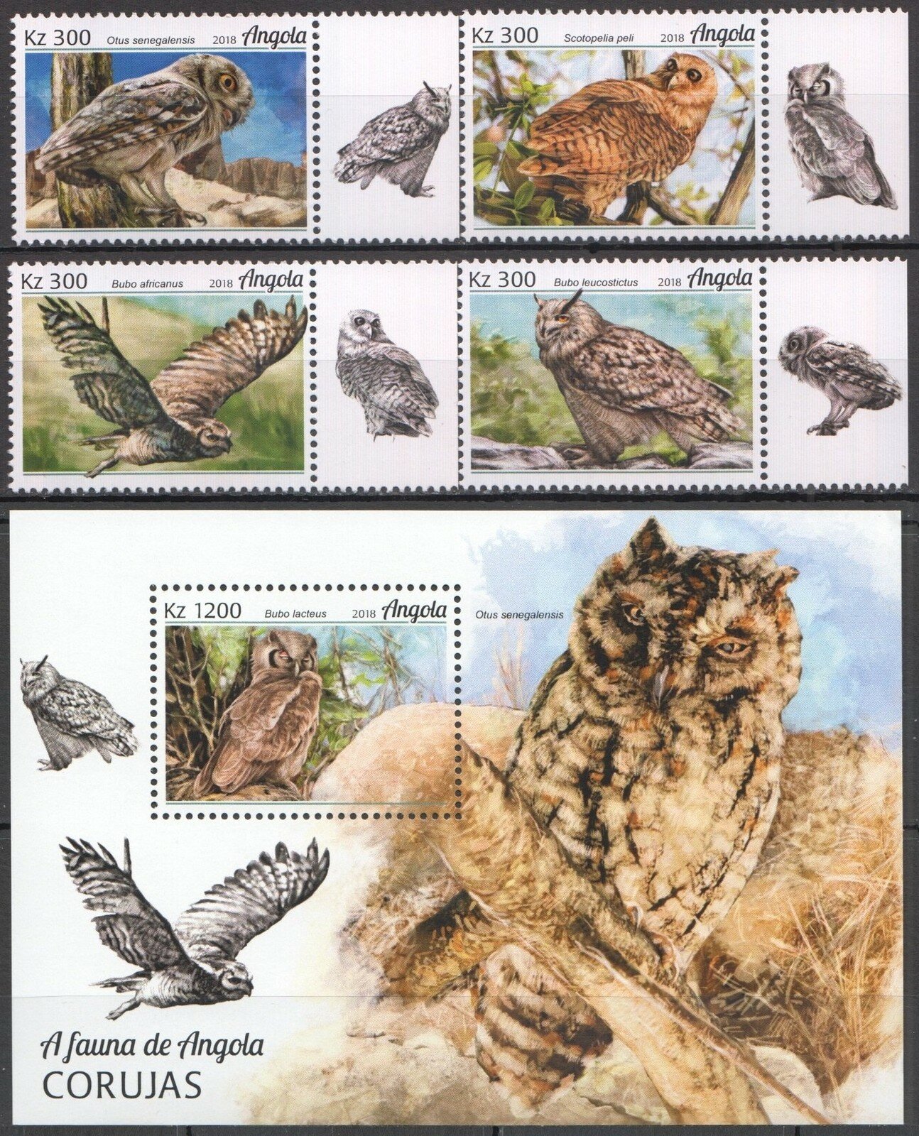 Марки 2018 год Ангола Совы Хищные птицы Фауна #2011-2014+Bl168 Mnh
