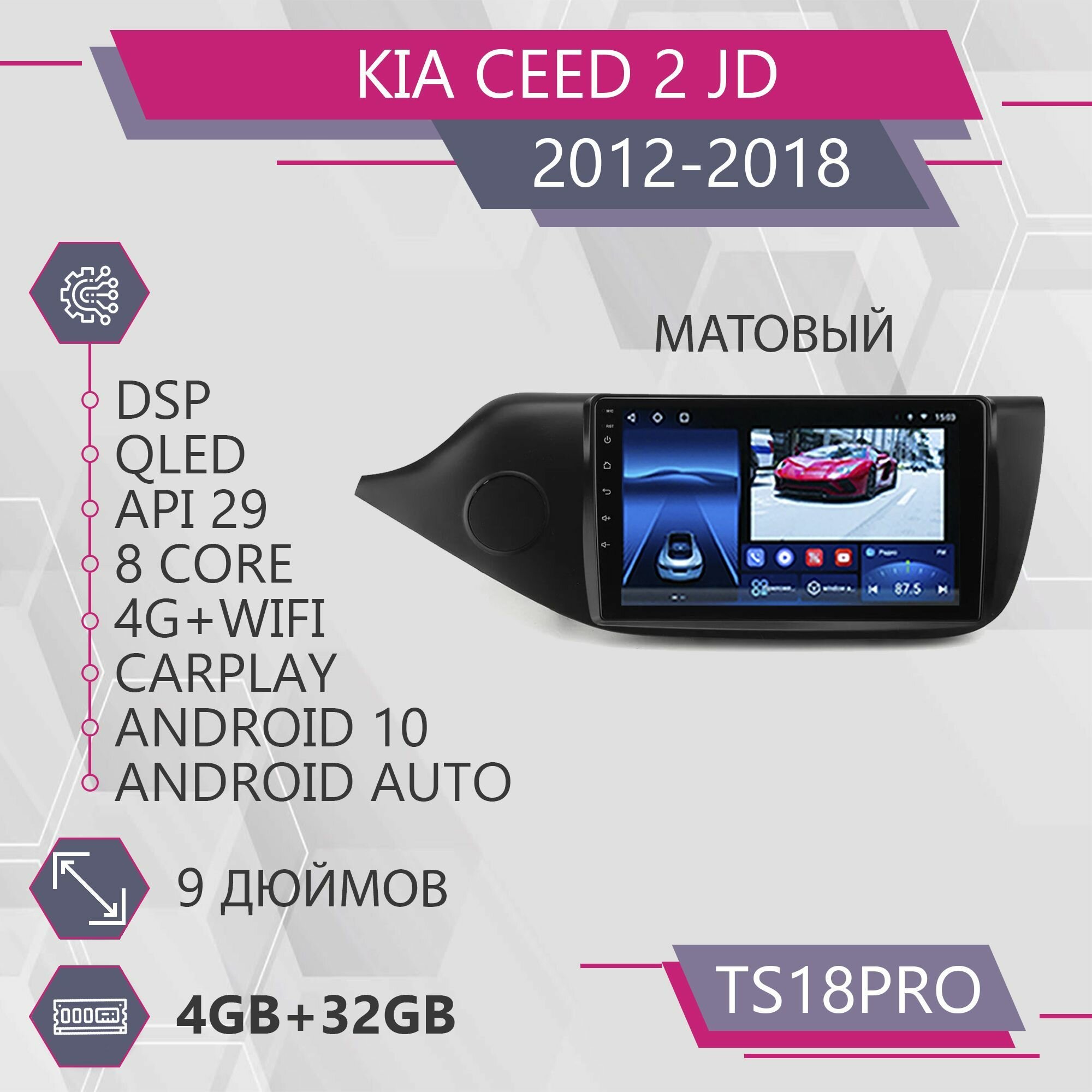 Штатная магнитола TS18Pro 4+32GB для Kia CEED 2 /Киа Сид 2 Кия Сиид 2 Черная матовая рамка Черный матовый магнитола Android 10 2din головное устройство мультимедиа