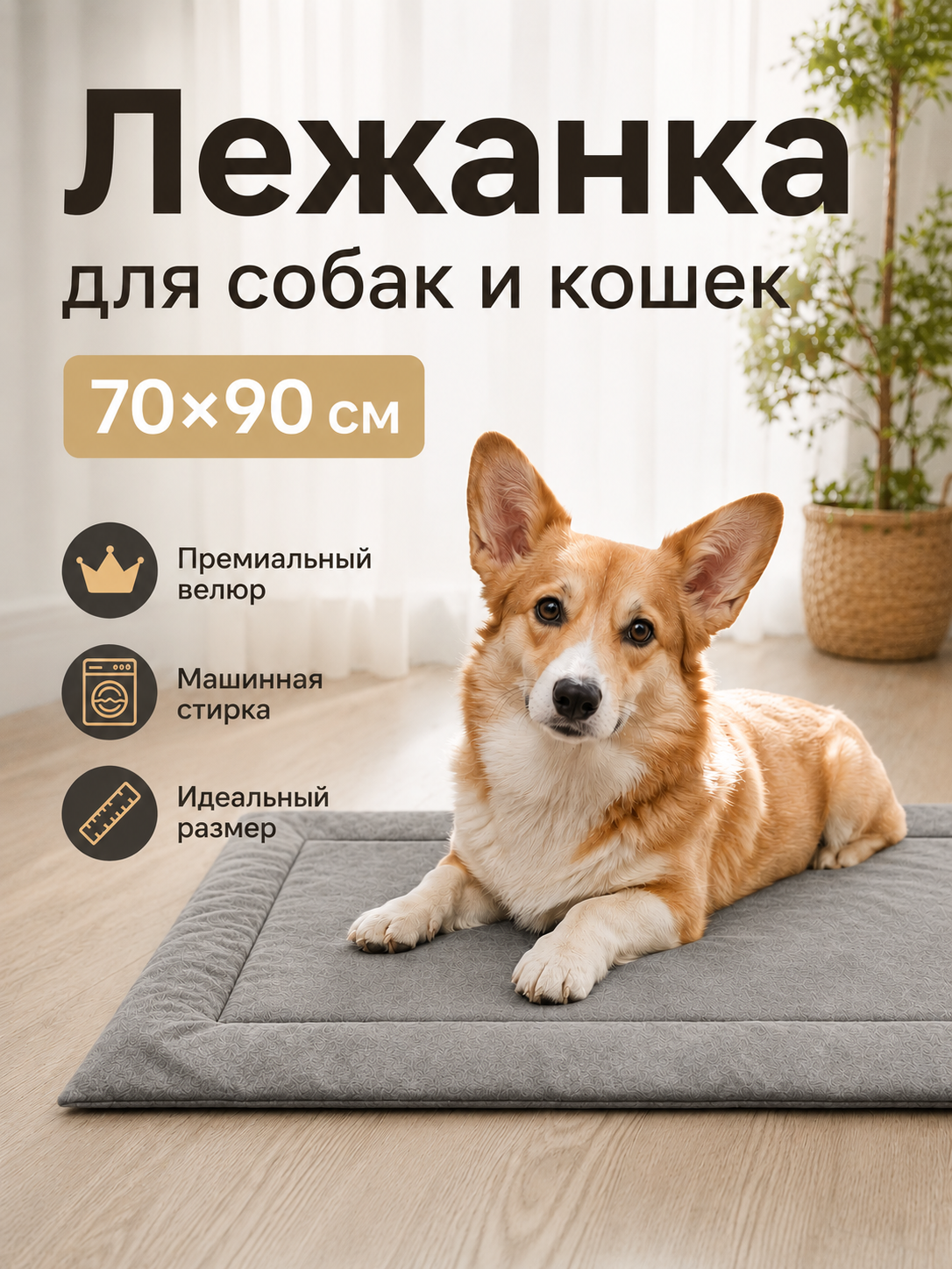 Лежанка для собак и кошек 70х90 см, мебельный велюр, серый цвет