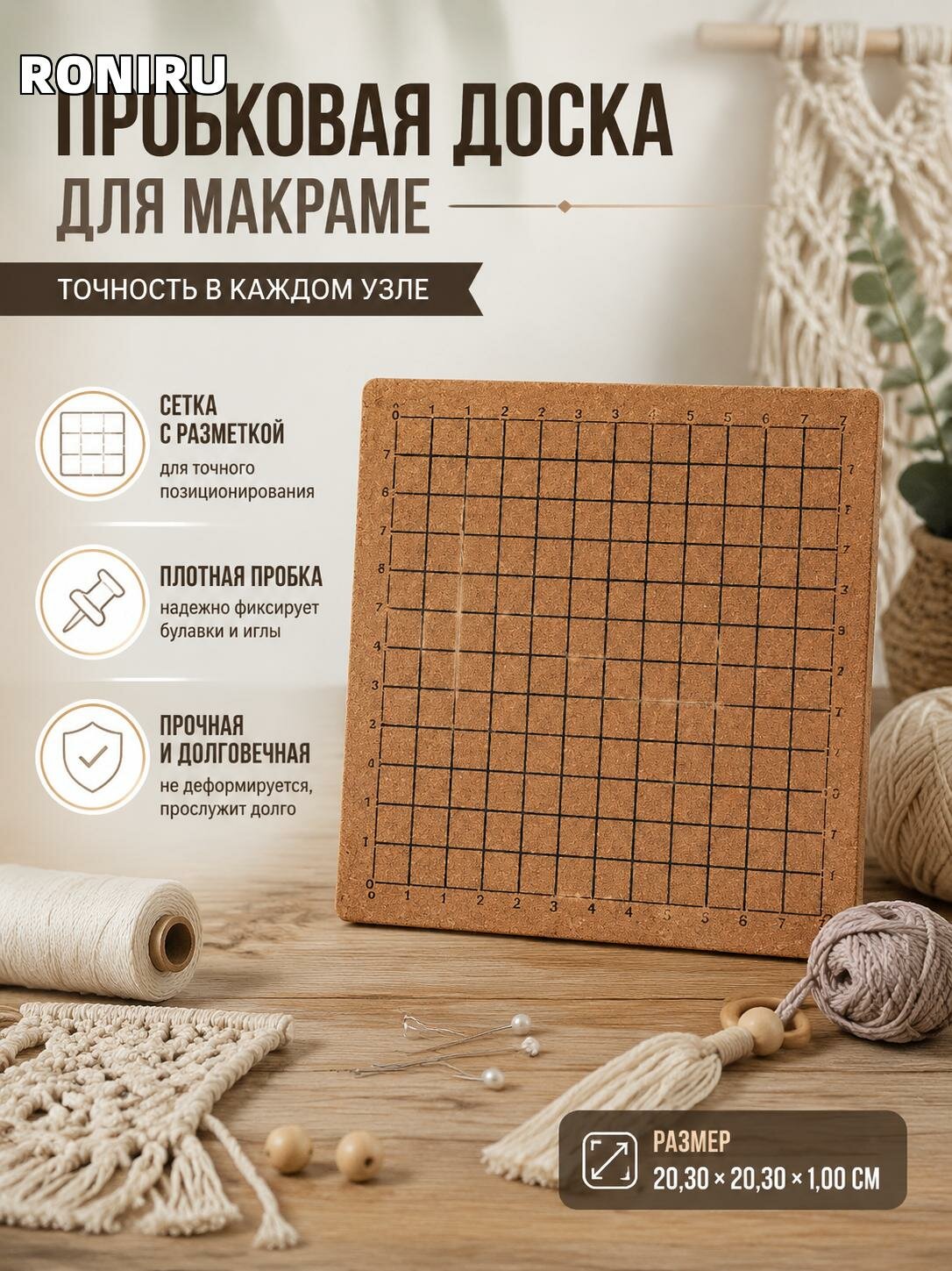 Пробковая доска для макраме с сеткой 20,30х20,30х1,00 см — точное позиционирование узлов, рабочий коврик для рукоделия