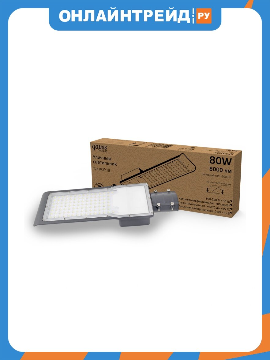 Консольный светильник Gauss Avenue 80W 8000lm 5000K 190-250V IP65 420*160*57мм черный КСС "Ш" LED 1/10