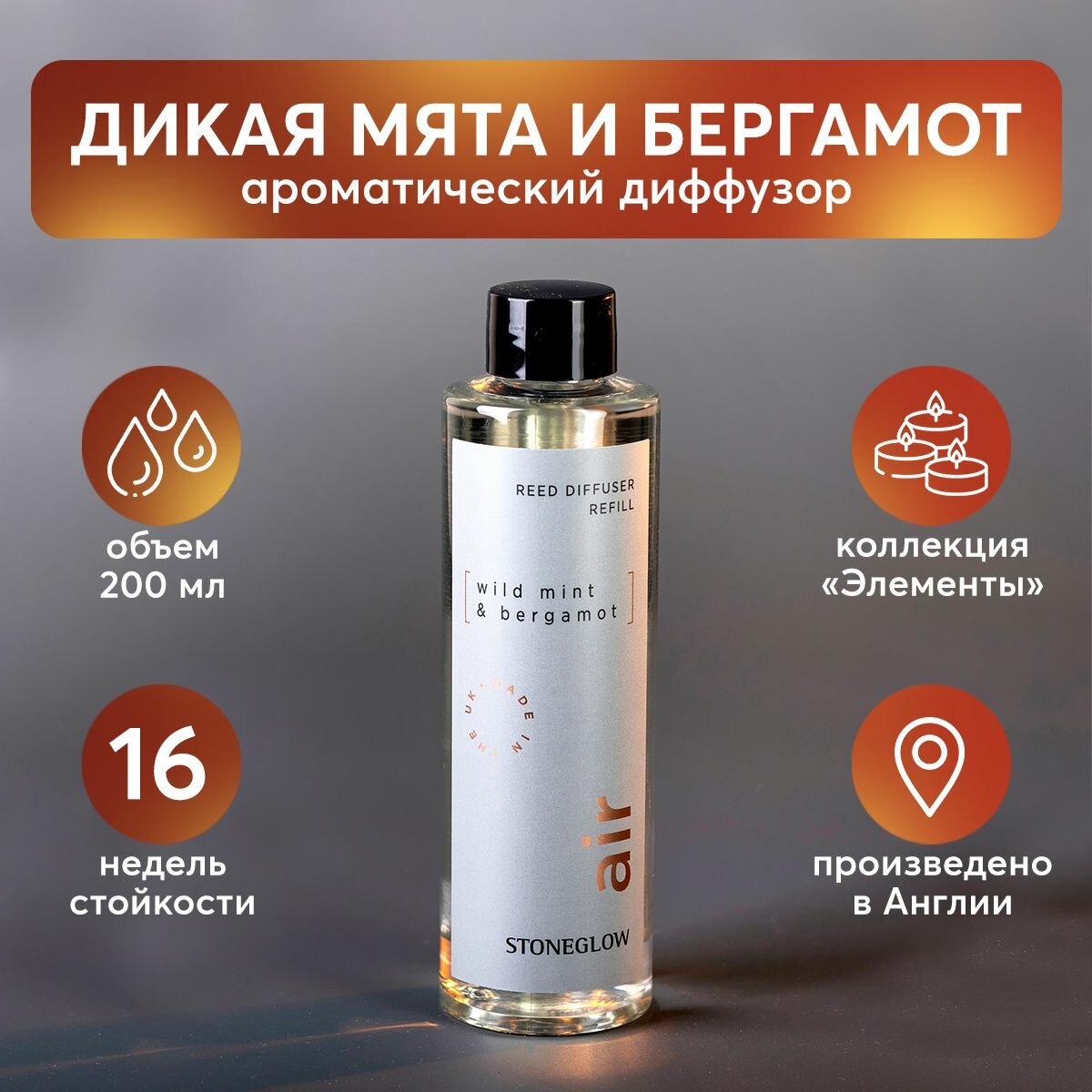 Диффузор наполнитель ароматический парфюм с палочками для дома дикая мята и бергамот "Воздух"