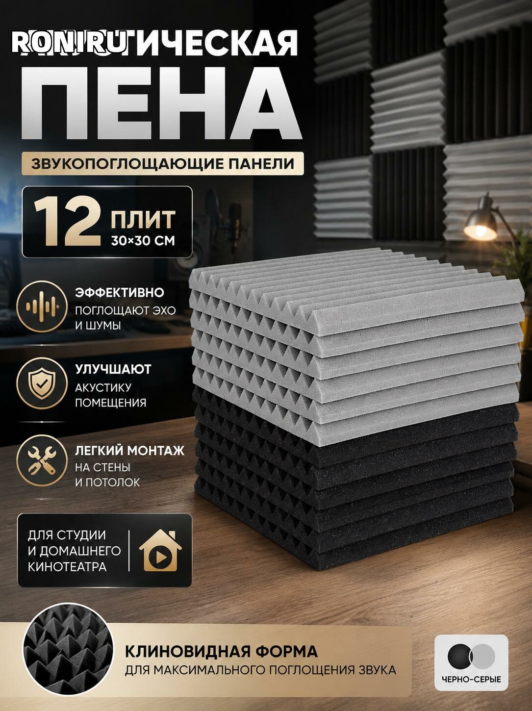 Акустическая пена 12 плит 30x30 см — звукопоглощающие панели для студии и домашнего кинотеатра, черно-серые клинья