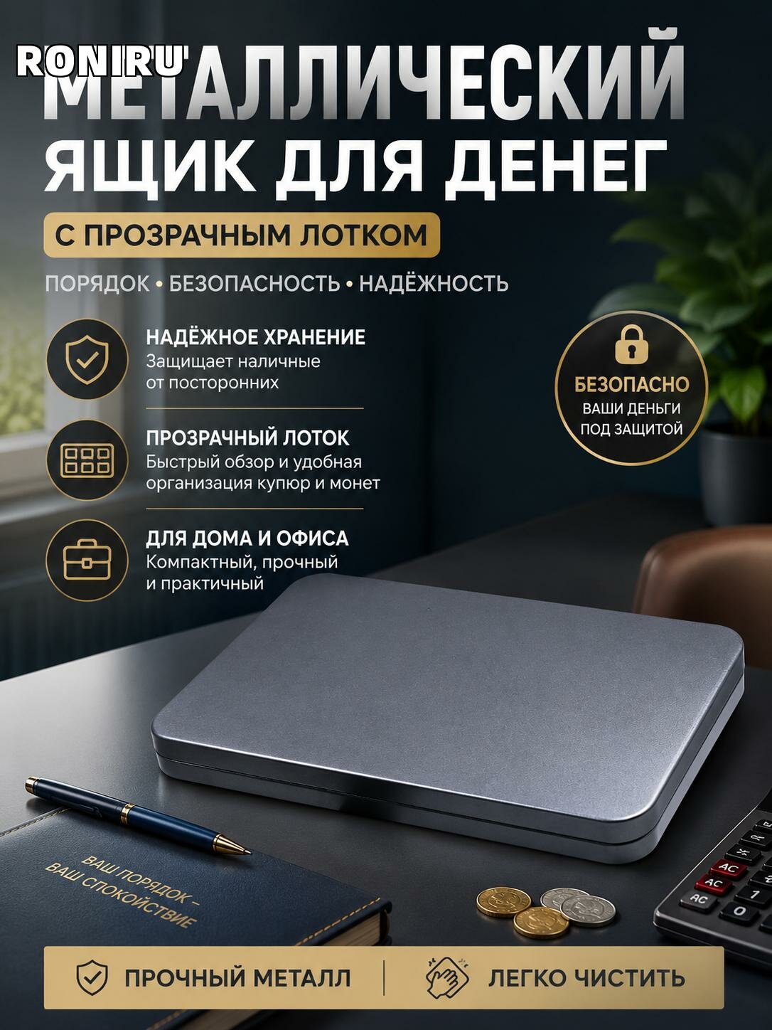 Металлический ящик для денег с прозрачным лотком — органайзер банкнот и монет, безопасное хранение дома и в офисе