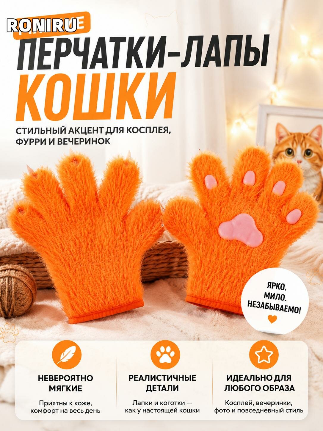Мягкие перчатки-лапы кошки с когтями для косплея, фурри и вечеринок — стильный акцент в повседневном стиле