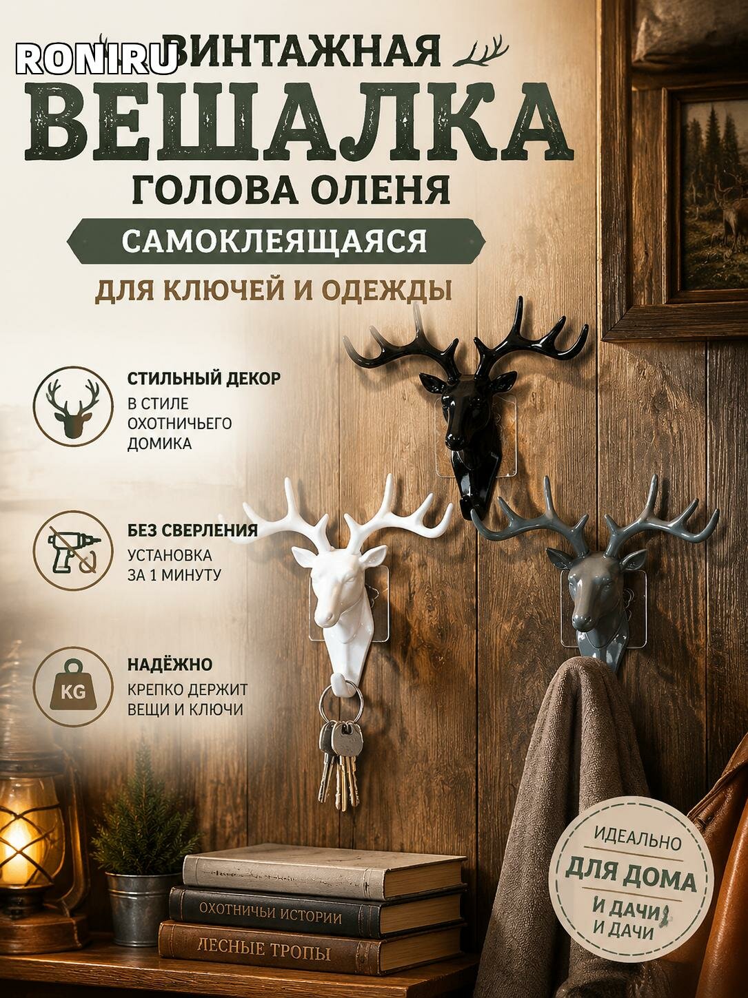 Винтажная настенная вешалка голова оленя самоклеящаяся для ключей и одежды — декор в стиле охотничьего домика