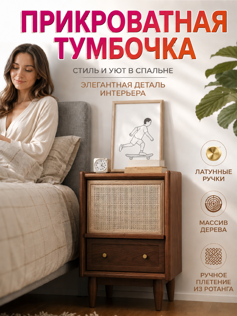 Прикроватная тумбочка с ящиком и ротанговым панно, натуральное дерево, золотые латунные ручки, стильная ночная тумба для спальни, вместительное место хранения аксессуаров рядом с кроватью