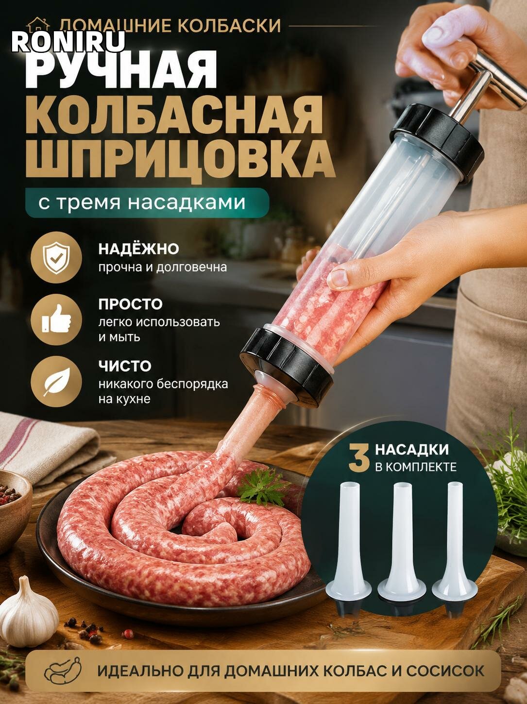 Ручная колбасная шприцовка с тремя насадками для домашних колбас и сосисок — удобный кухонный инструмент для фарша
