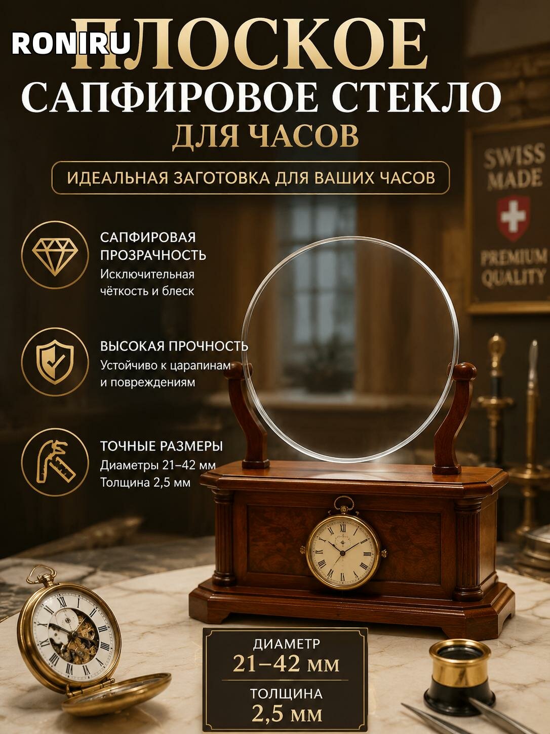 Плоское сапфировое стекло для часов, прозрачное круглое для замены диаметров 21–42 мм, толщина 2,5 мм