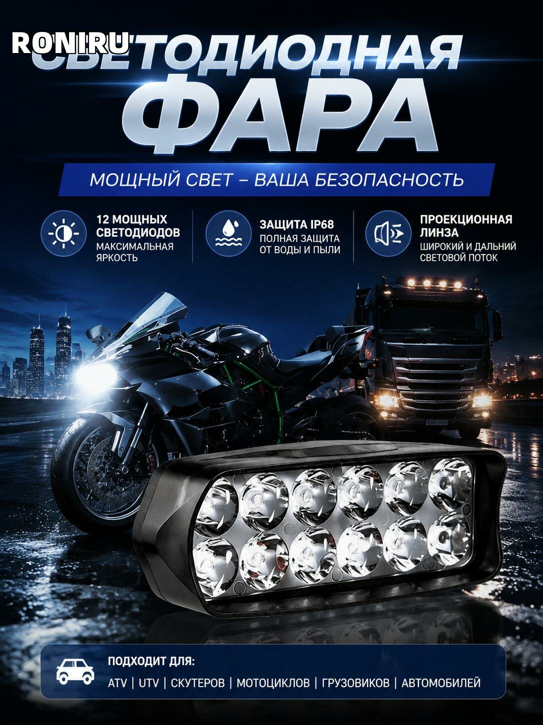 Светодиодная фара для автомобилей, мотоциклов и грузовиков с IP68, 12 светодиодов и проекционной линзой, подходит для ATV UTV и скутеров