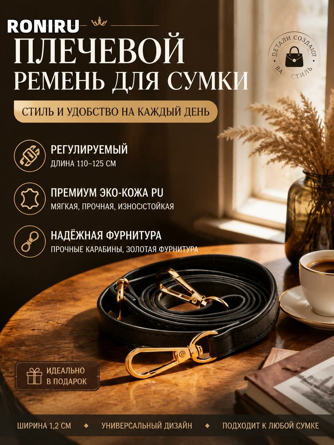 Плечевой ремень для сумки, регулируемый пояс из искусственной кожи PU 110-125 см, ширина 1,2 см