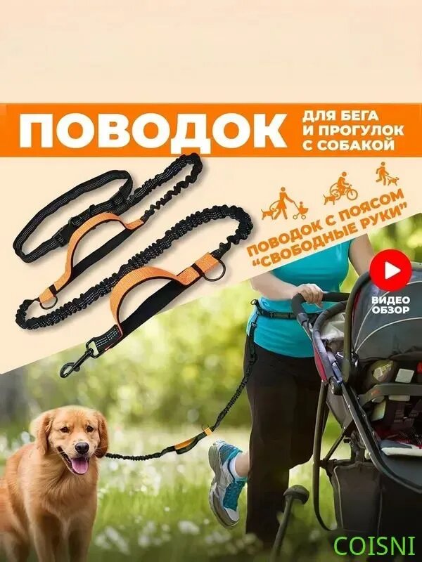 Поводок с поясом для бега с собакой, эластичный с амортизаторами и регулируемым поясом / Цвет черный с оранжевым