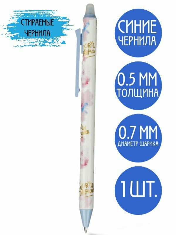 Ручка гелевая автоматическая со стираемыми чернилами M&G Sakura Time синяя (толщина линии 0.5 мм), цвет светло-голубой, 1 шт.