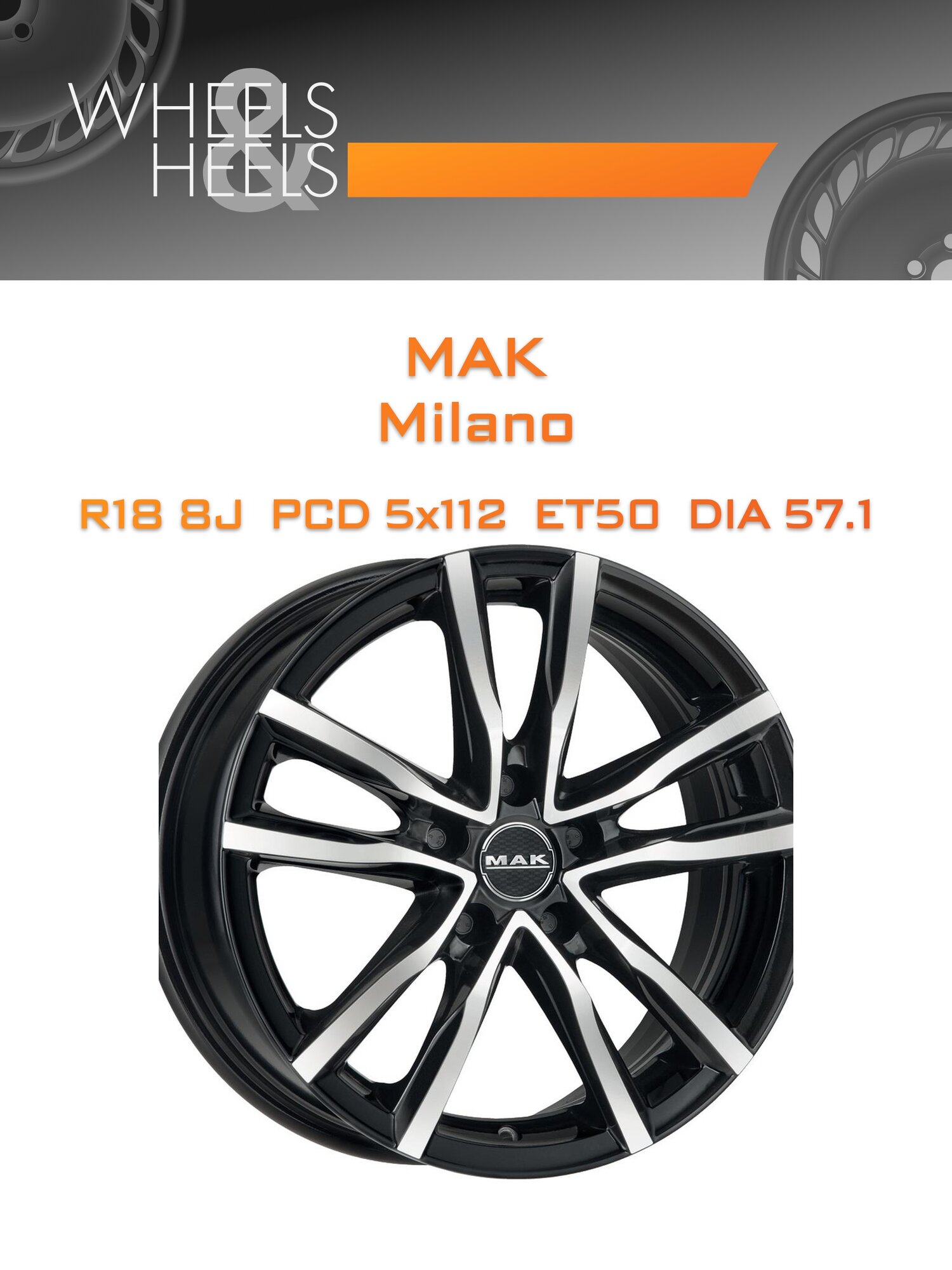 Диск автомобильный литой MAK Milano 18x8 5x112 et50 dia57.1 Чёрный глянцевый с полированной лицевой частью