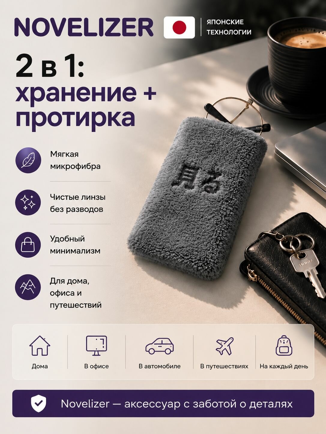 Чехол-салфетка для очков Novelizer из микрофибры 2 в 1 мягкий защитный футляр для хранения и протирки линз