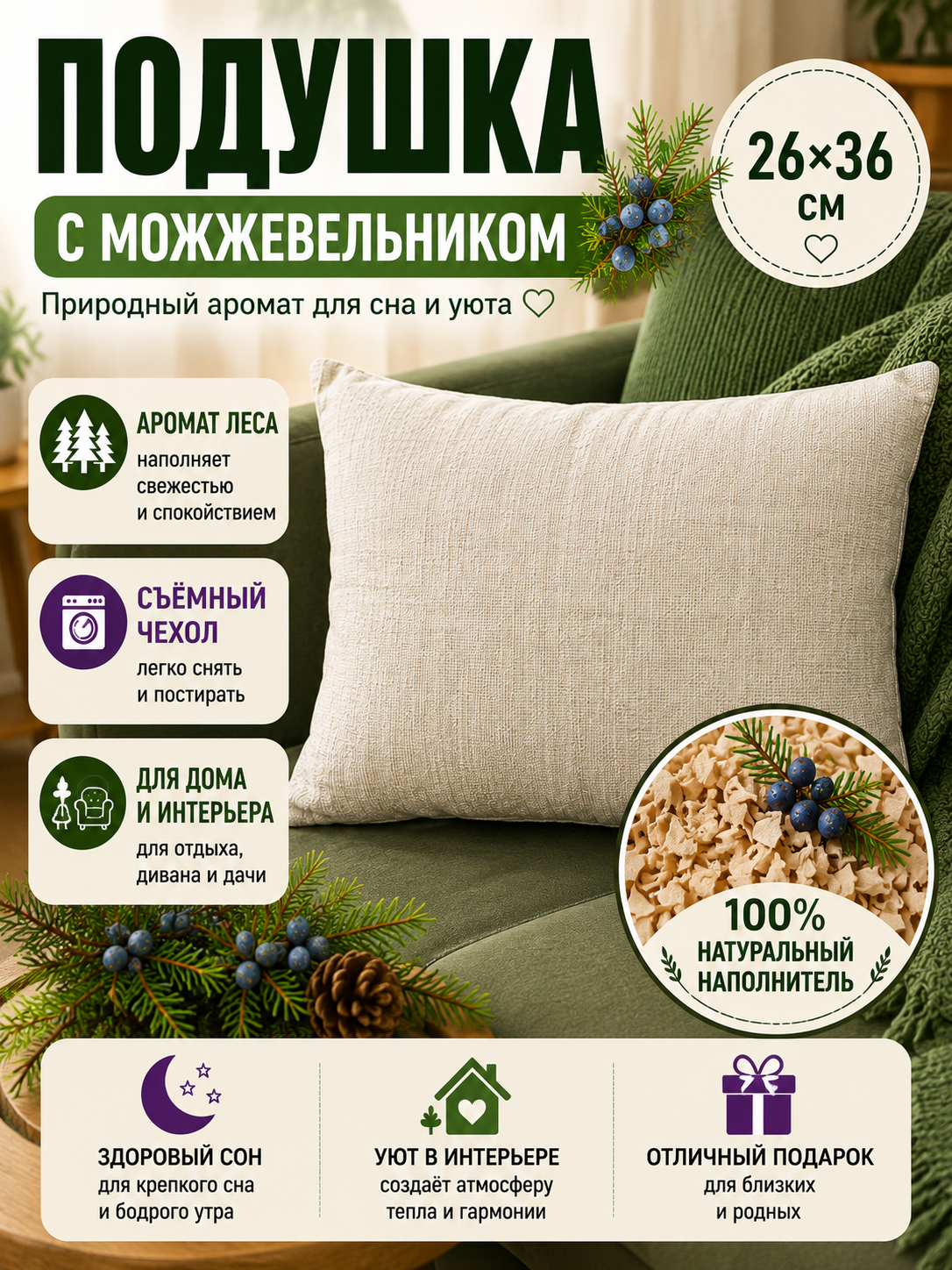 Подушка декоративная можжевеловая для бани 26х36 "Лесовушка" с чехлом