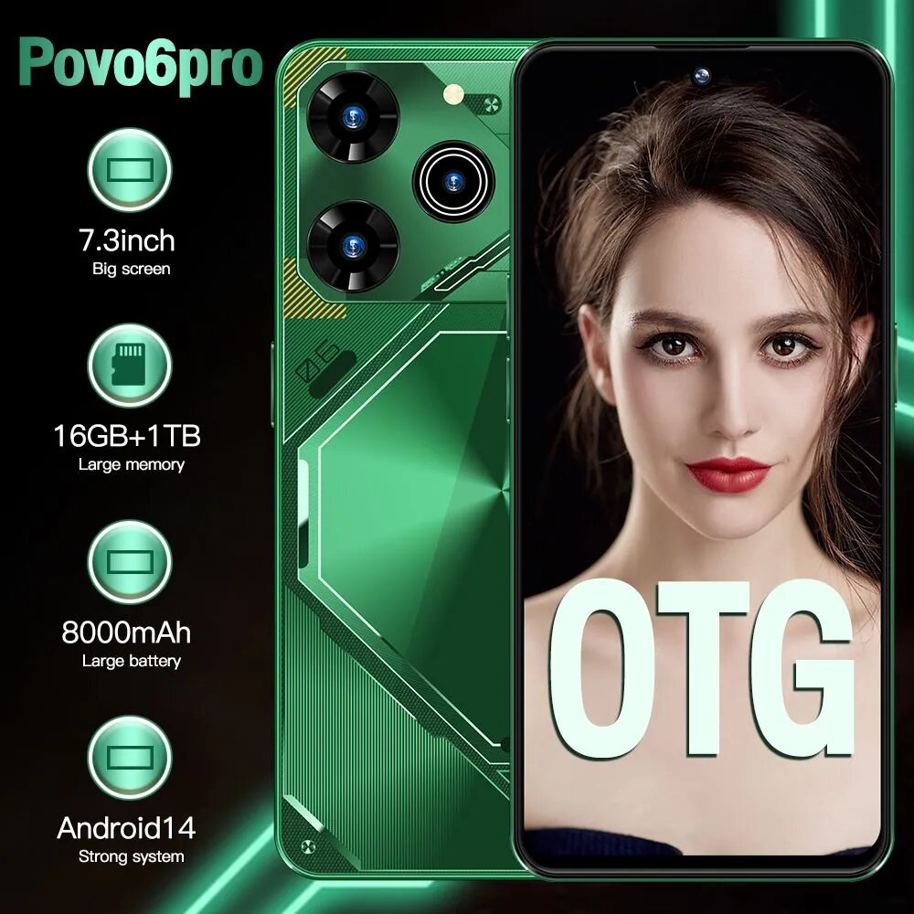 Смартфон Povo6pro EU, зеленый, 7.3" Big screen, 16GB+1TB, 8000mAh, Android 14